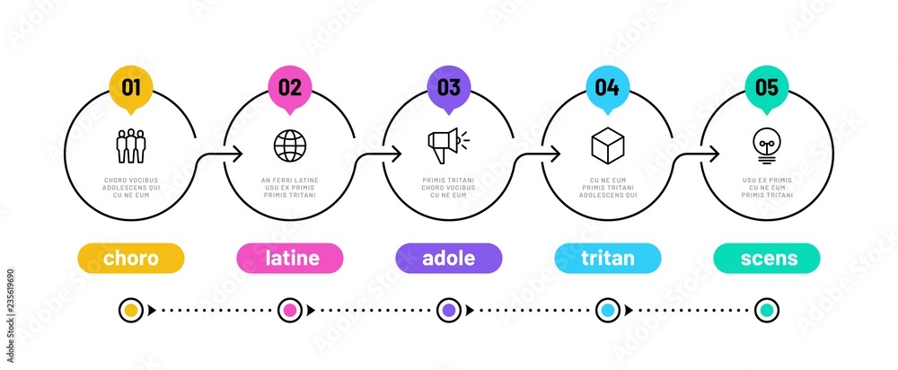 Line step infographic. 5 options workflow diagram, circle timeline ...