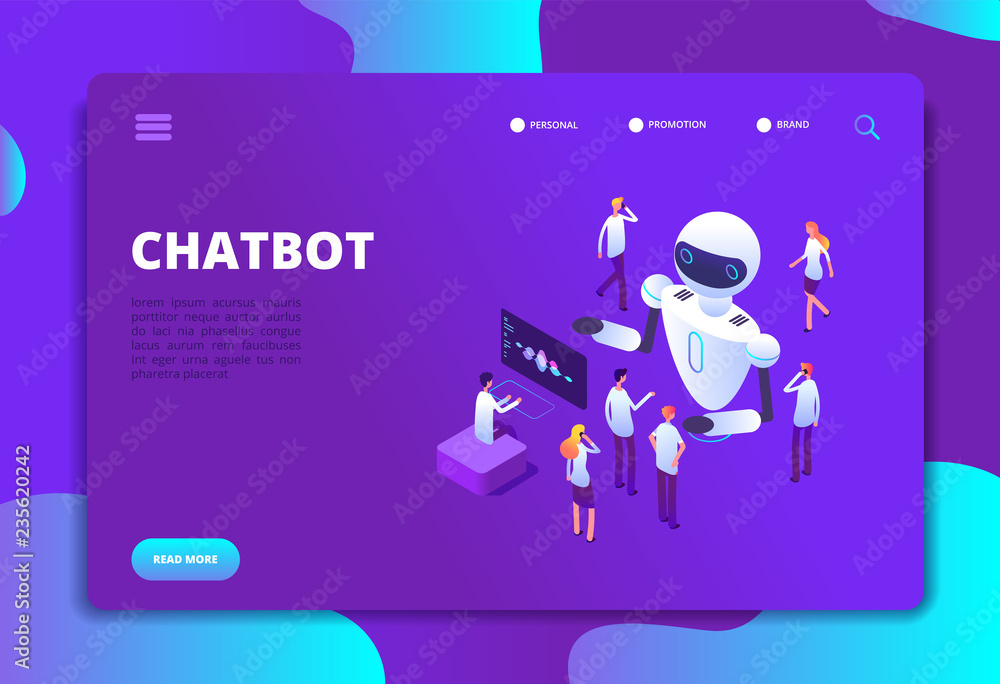 Vetor de Chatbot isometric concept. Bot chatting with people ...