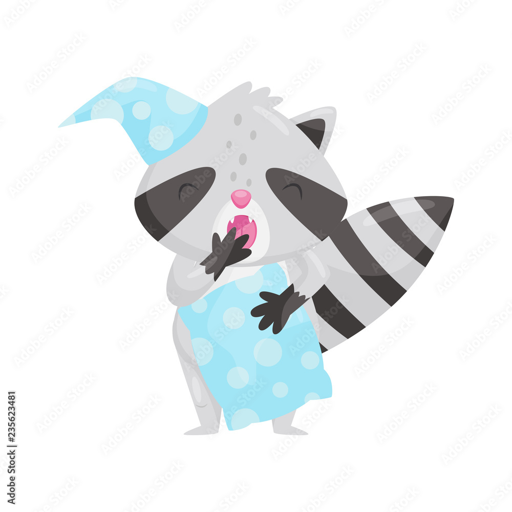 Cute sleepy raccoon in a night cap with pillow, lovely animal cartoon ...
