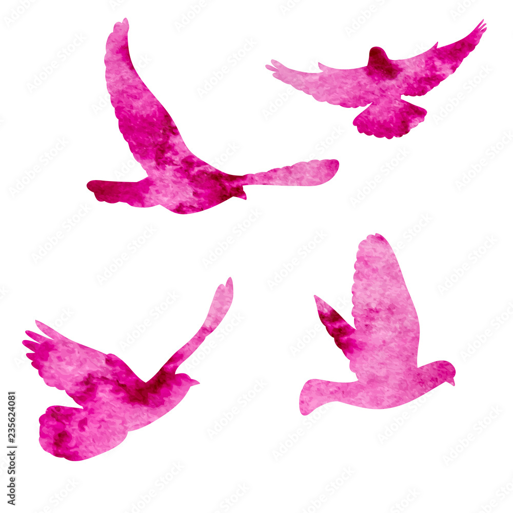 flock of birds flying, pink watercolor silhouette Stock Vector | Adobe ...