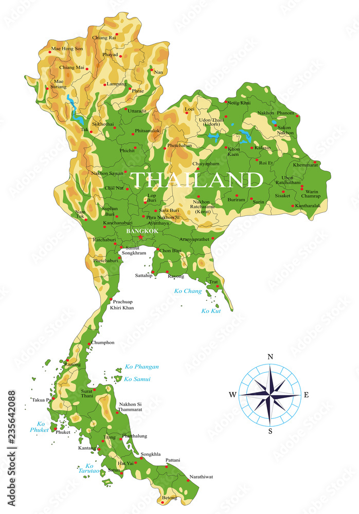 Thailand physical map Stock Vector | Adobe Stock