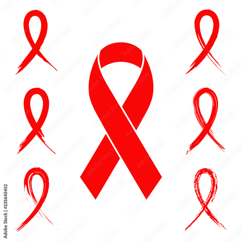 Red ribbon aids symbol in different style ink brush and hand drawn ...