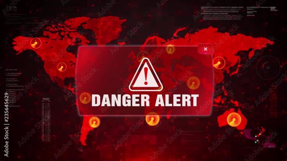 Danger Alert Warning Message Attack on World map. Wire frame Radar ...