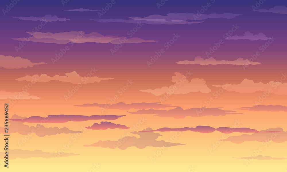 Sunset sky in yellow-violet color with clouds, gradient, landscape ...