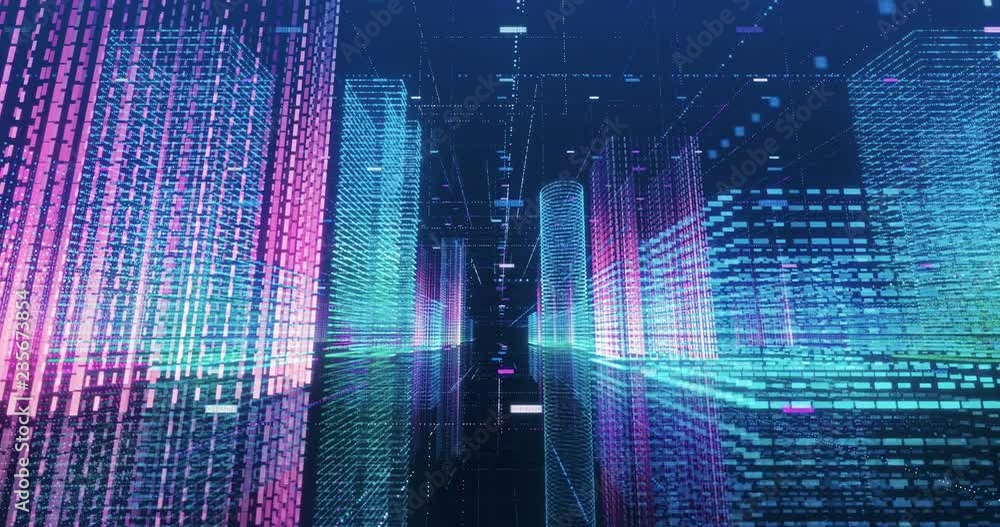 Seamless loop abstract hologram 3D city rendering with futuristic matrix. Digital buildings with ...