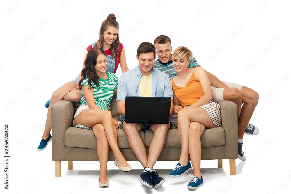 friendship, leisure and technology concept - group of happy smiling ...