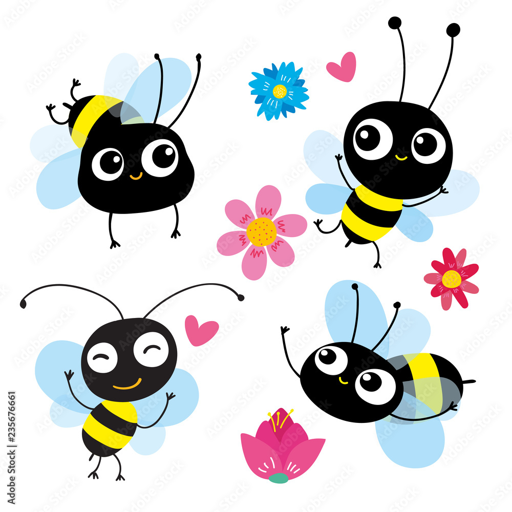 set of four cartoon bees in motion. Each bee reflects different emotion ...