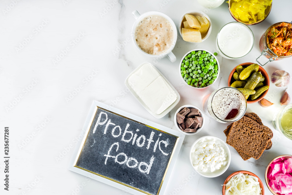 Super Healthy Probiotic Fermented Food Sources, drinks, ingredients, on ...