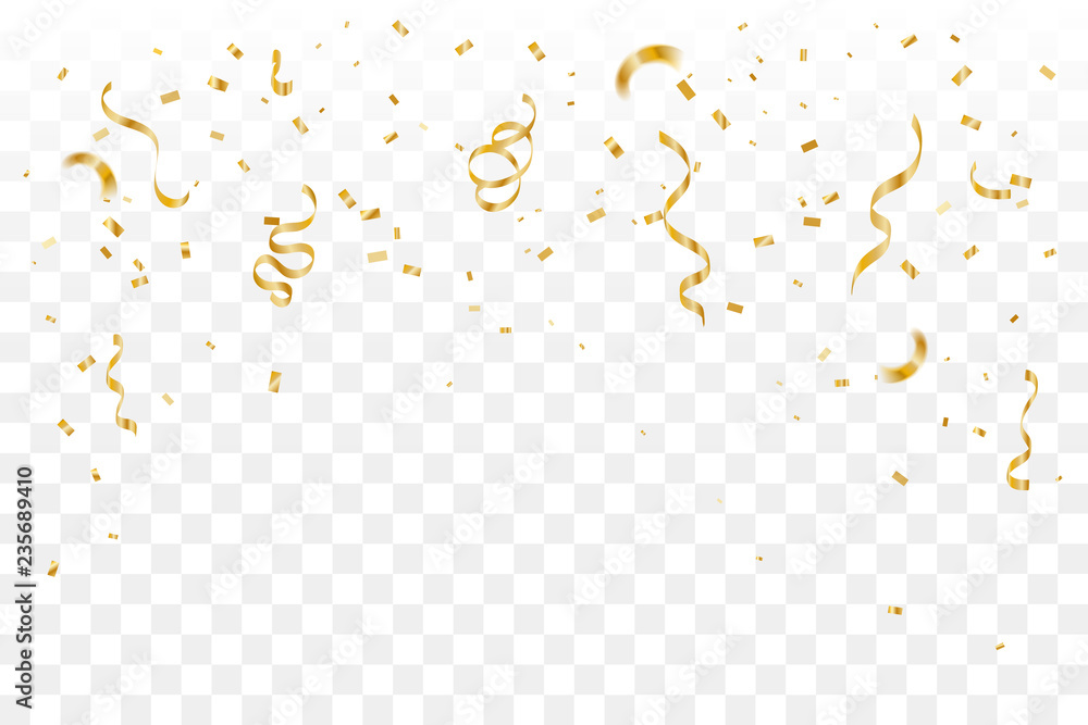 Golden Tiny Confetti And Streamer Ribbon Falling On Transparent Background. Vector Stock Vector ...