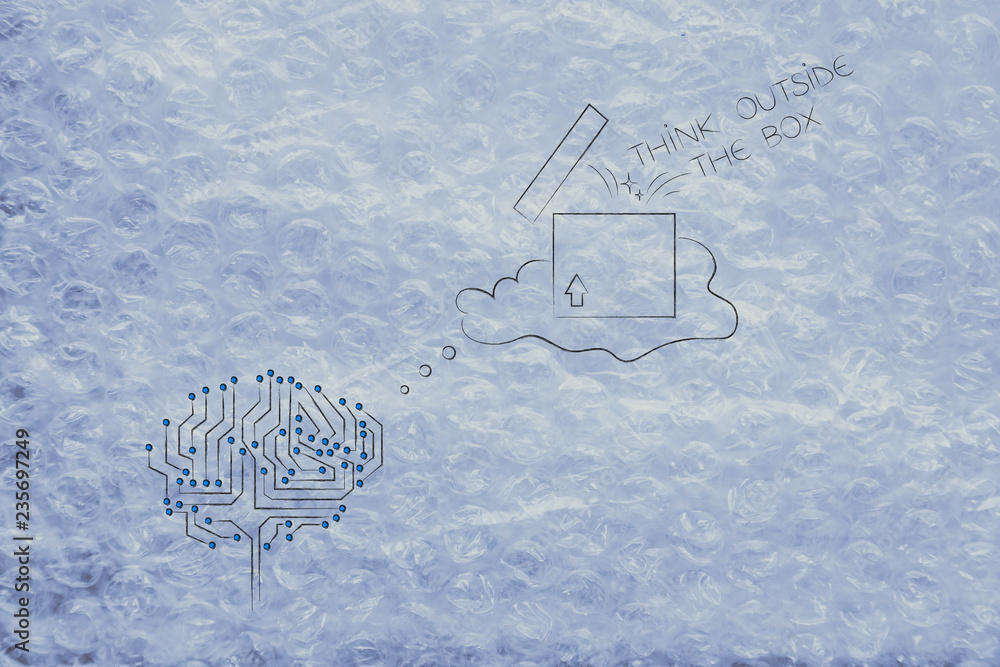 think outside the box brain with parcel and caption breaking free from ...