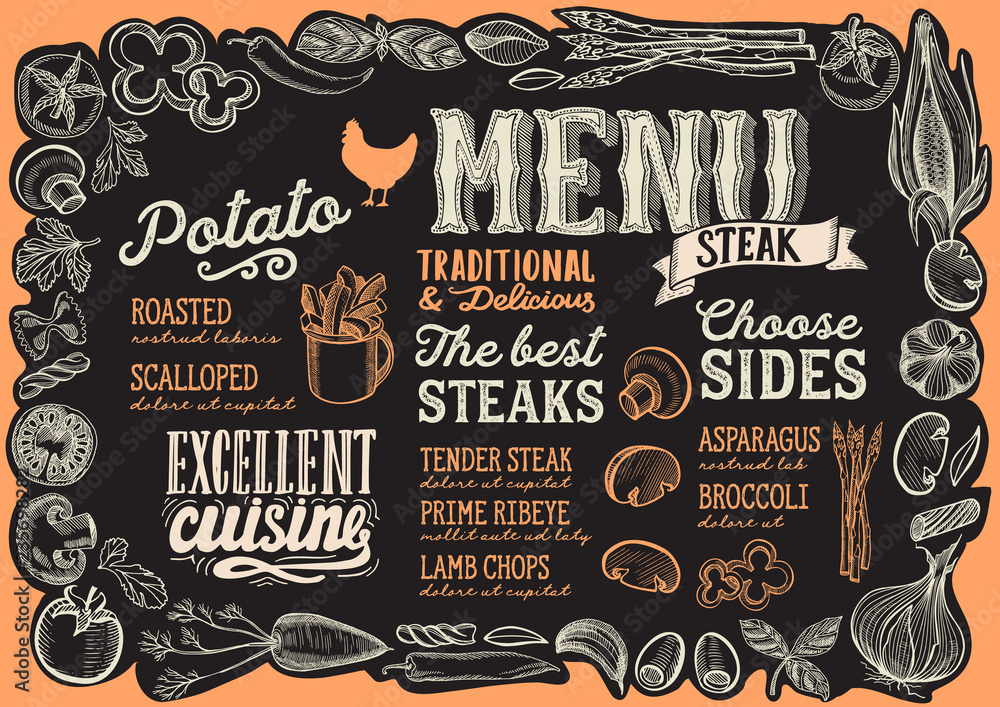 Steak menu for restaurant with frame of graphic vegetables. Stock ...