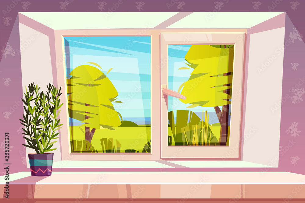 Window overlooking sunny park or meadow and home plant in pot on ...