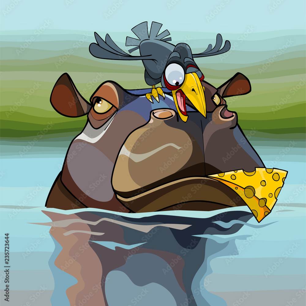 cartoon crow hunting for cheese sitting on the head of a hippopotamus ...