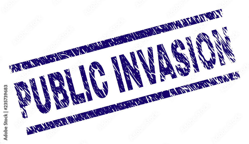 PUBLIC INVASION seal print with distress style. Blue vector rubber ...
