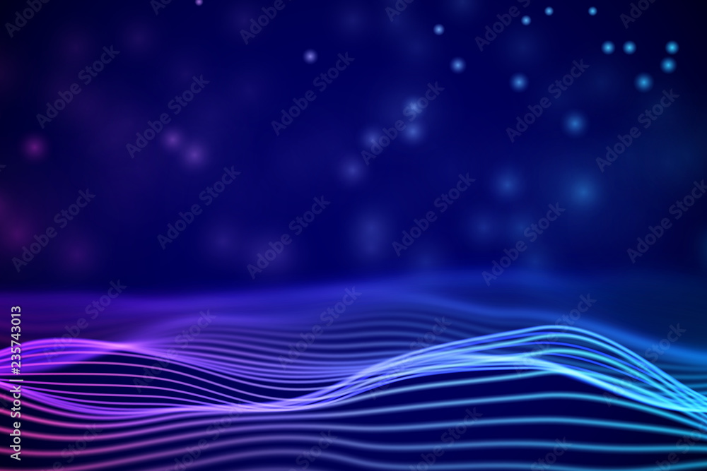 3D Sound waves with floating particles. Data abstract visualization ...