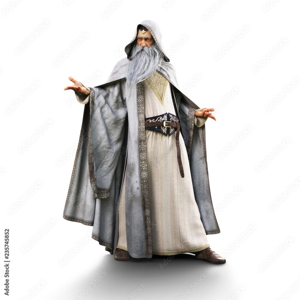 Portrait of a wizard preparing to cast a spell on an isolated white ...