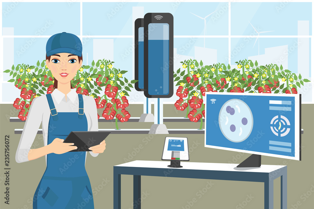 Growing plants in the greenhouse. Smart farm with wireless control. Eco ...