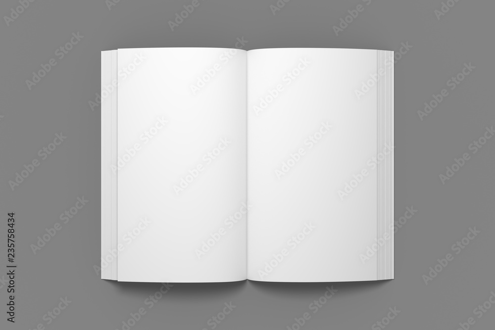 Empty opened book mockup. White 3D illustration of book mock-up in top ...