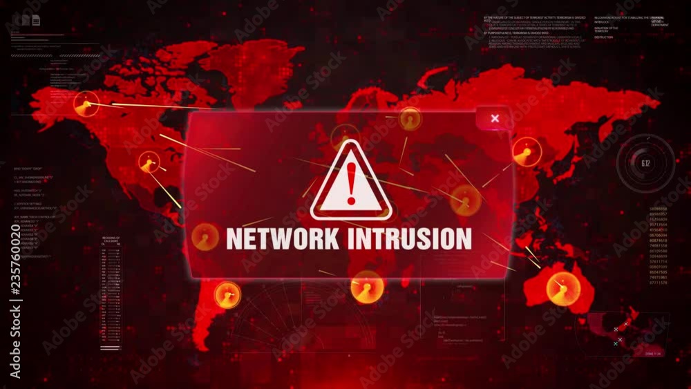 NETWORK INTRUSION Alert Warning Message Attack on World map. Wire frame ...