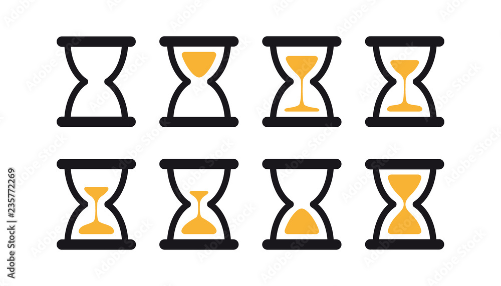 Set of hourglass sprites illustration for animation frames. Black sand ...