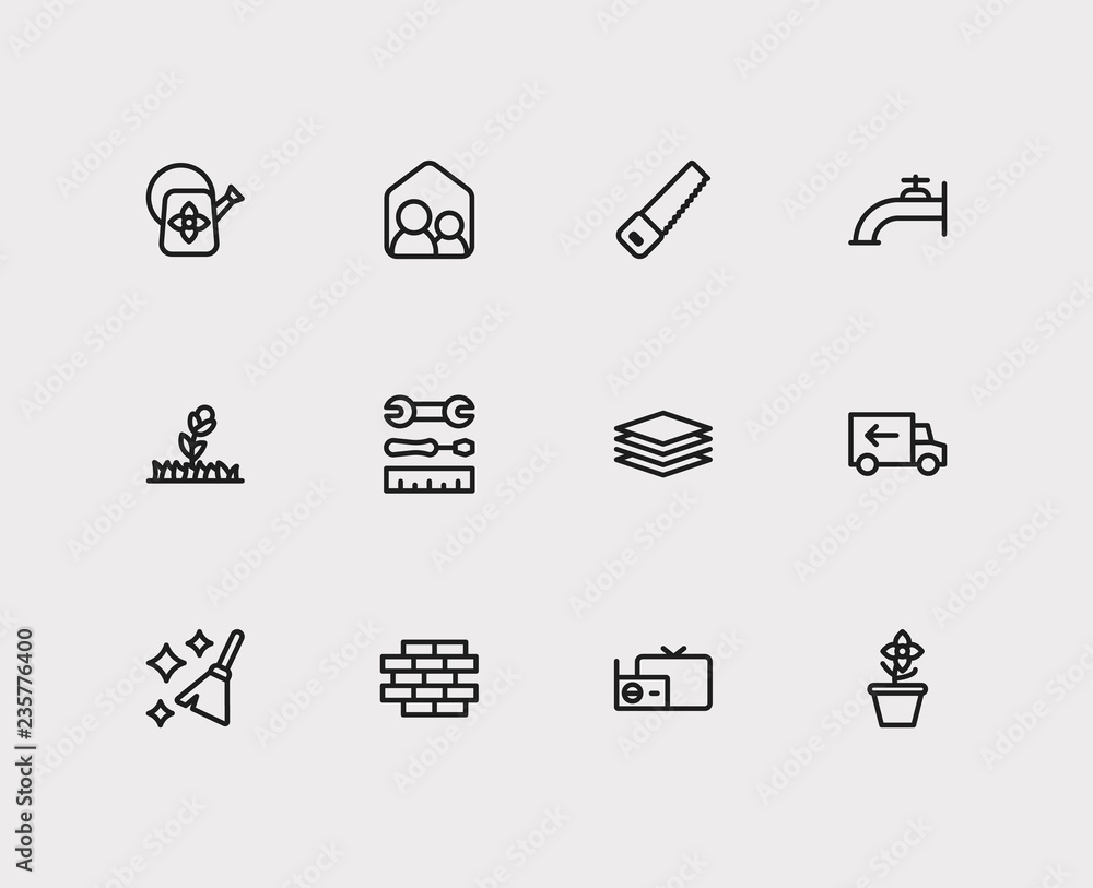 Housework icons set. Water crane and housework icons with housekeeper ...