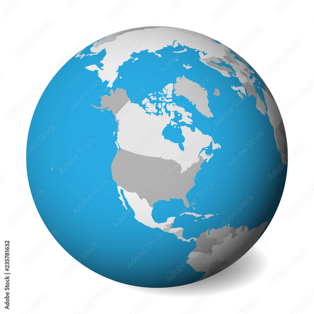 Blank political map of North America. 3D Earth globe with blue water ...