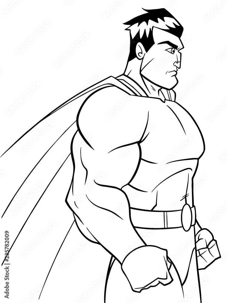 Side view line art illustration of a powerful and determined superhero ...