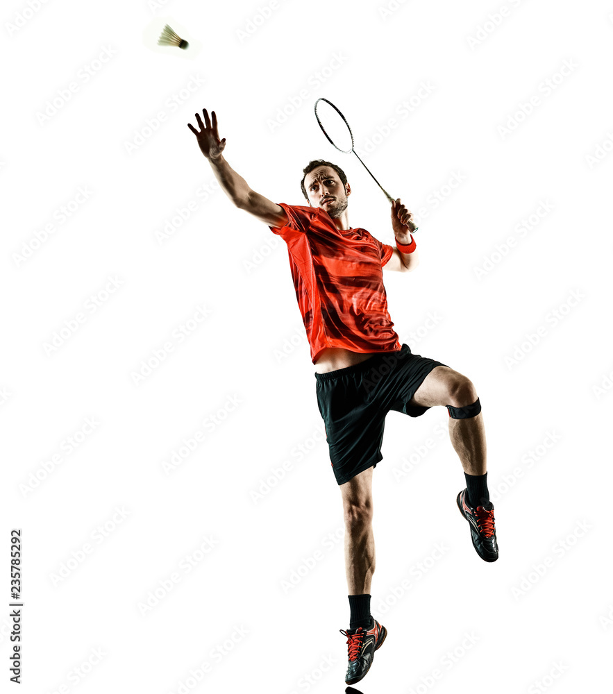 one caucasian Badminton player man in studio shadow silhouette isolated ...