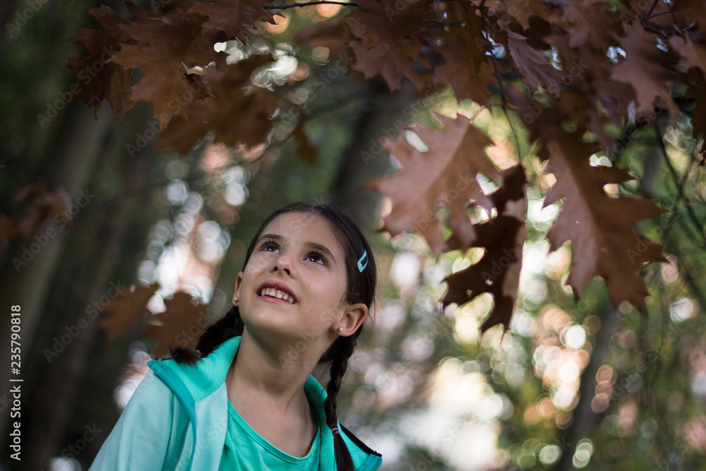 Smiling cute girl looking up at tree branch brown leaves with awe ...