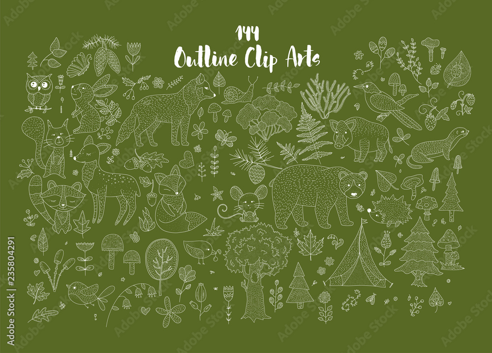 Big set of hand drawn outline forest. Stock Vector | Adobe Stock