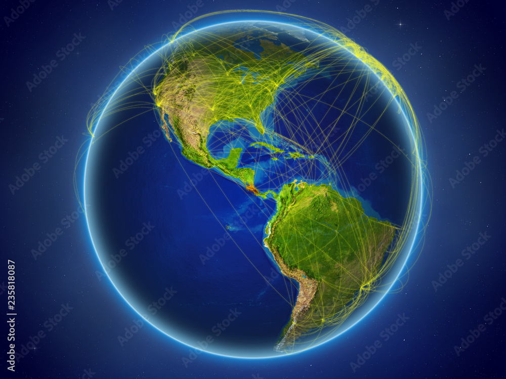 Costa Rica from space on planet Earth with digital network representing ...