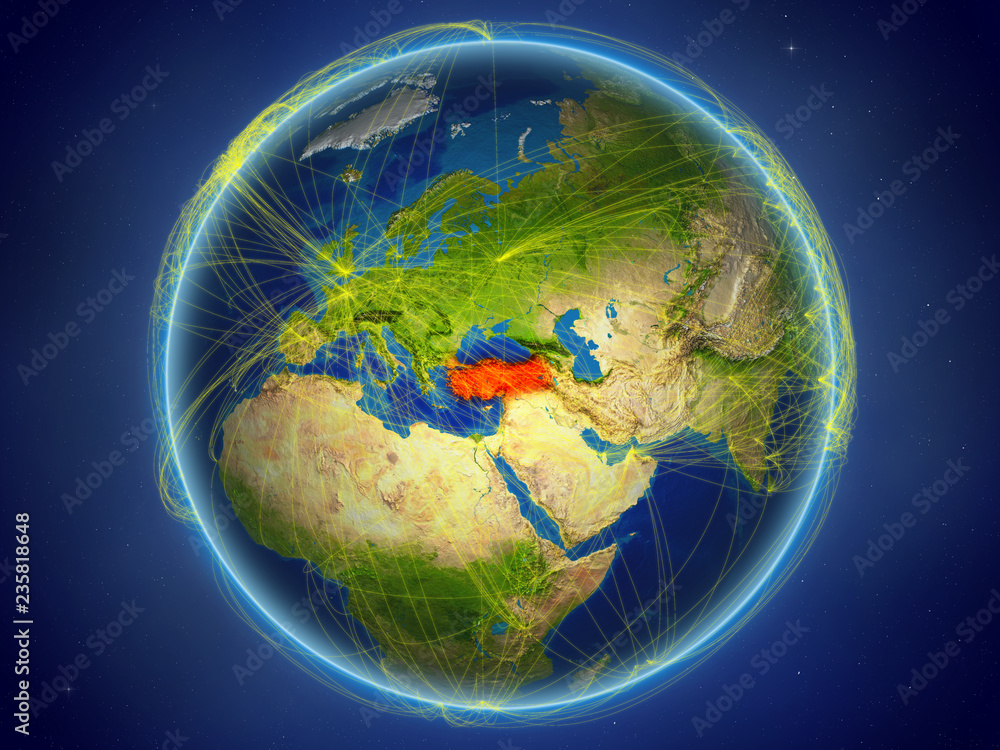 Turkey from space on planet Earth with digital network representing ...