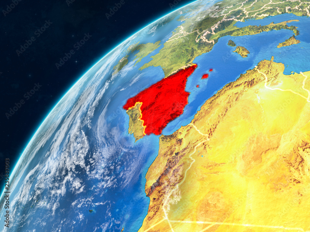 Spain on realistic model of planet Earth with country borders and very ...