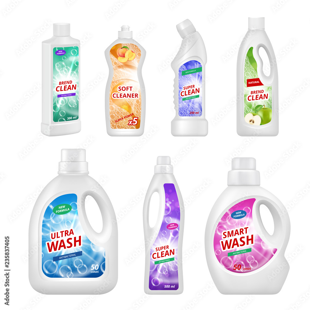 Labels for chemical bottles. Realistic illustrations of plastic bottles ...