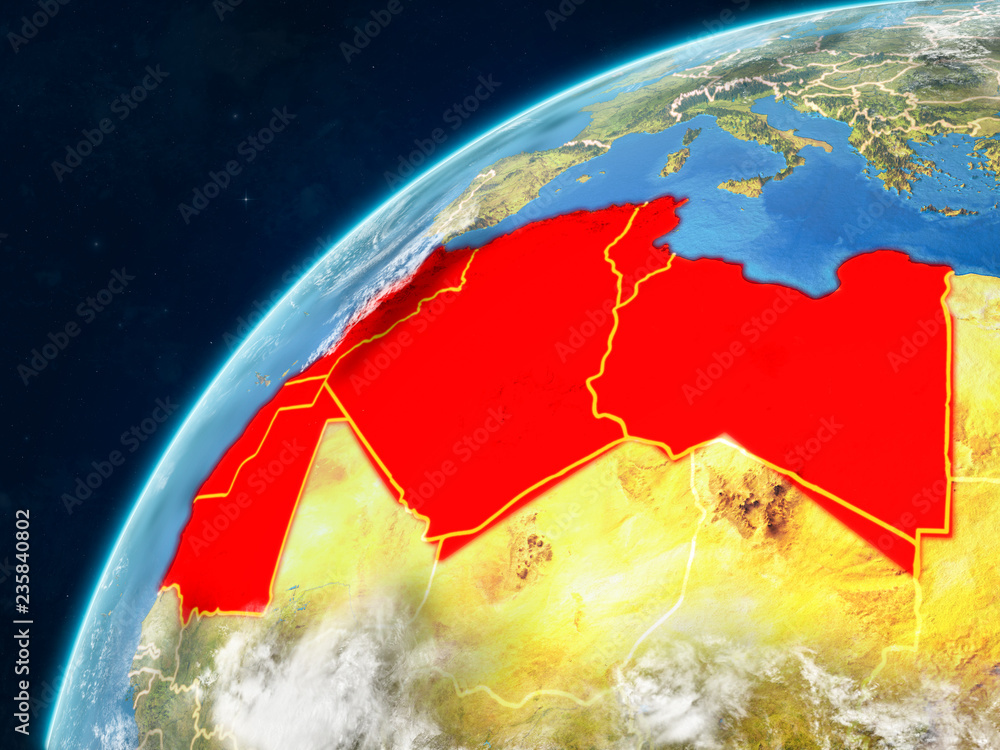 Maghreb region on realistic model of planet Earth with country borders ...
