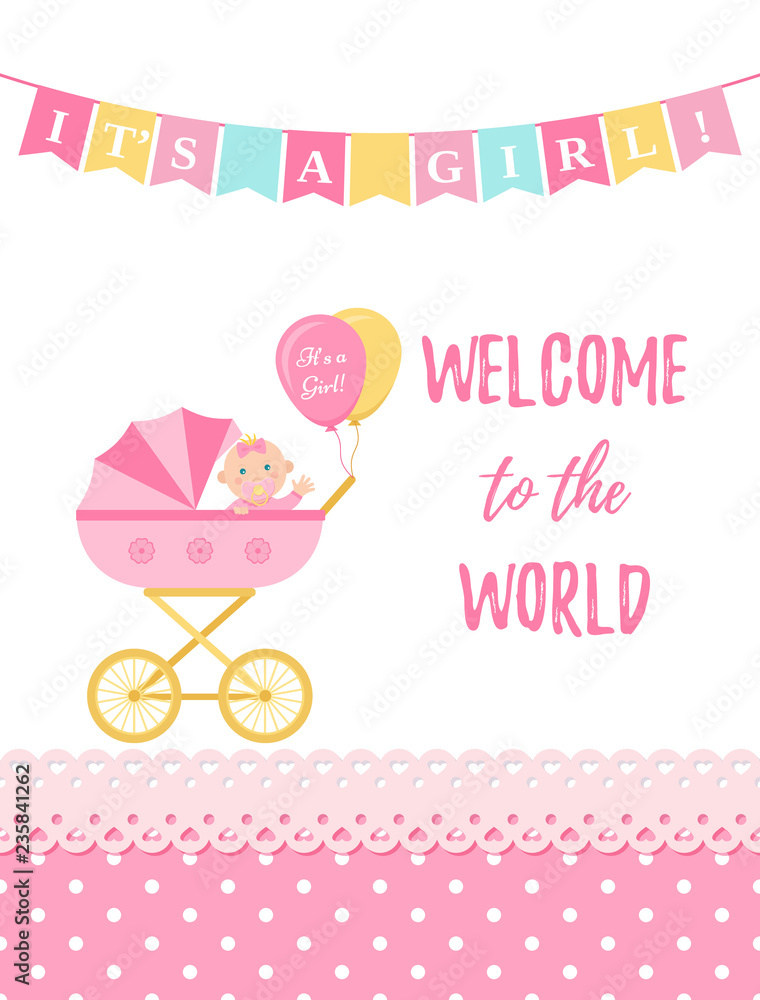 Baby Shower girl card. Vector. Baby girl design. Cute pink banner with ...