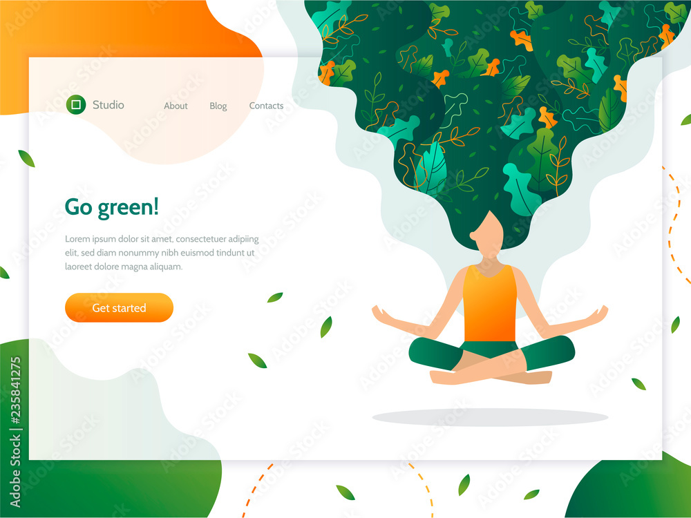 Go green! Web banner design template. Girl floating in the air in a ...