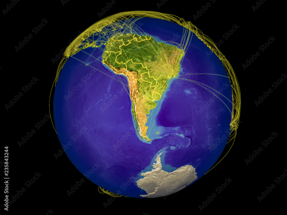Southern Cone from space on Earth with country borders and lines ...