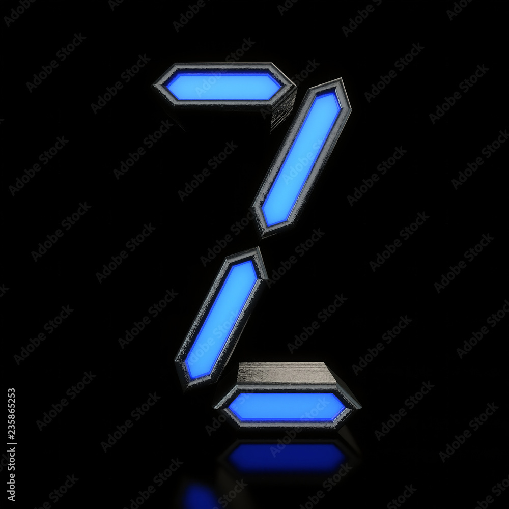 Letter Z Futuristic blue neon led digital font. 3D Rendering Stock ...