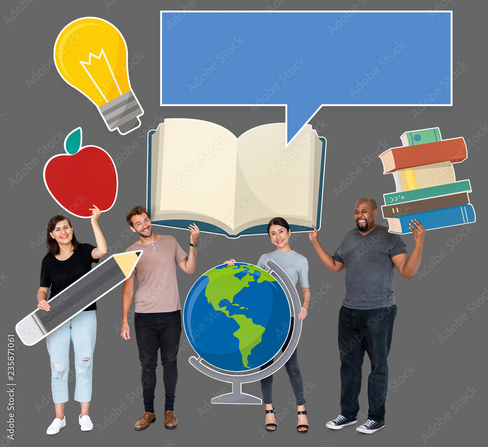 Happy diverse people holding educational icons Stock Photo | Adobe Stock