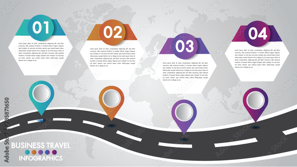 Timeline Infographics template 4 options design with a road way and ...