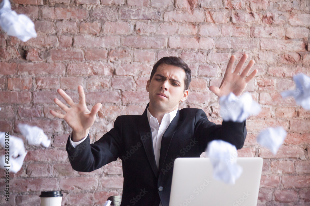 Angry tired businessman Quits job, throws crumpled paper in the air ...