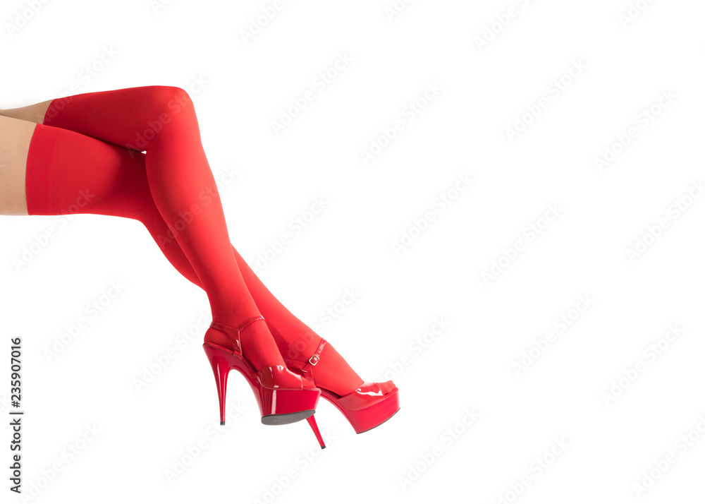Sexy female legs in fetish red stockings and red high heels, isolated ...