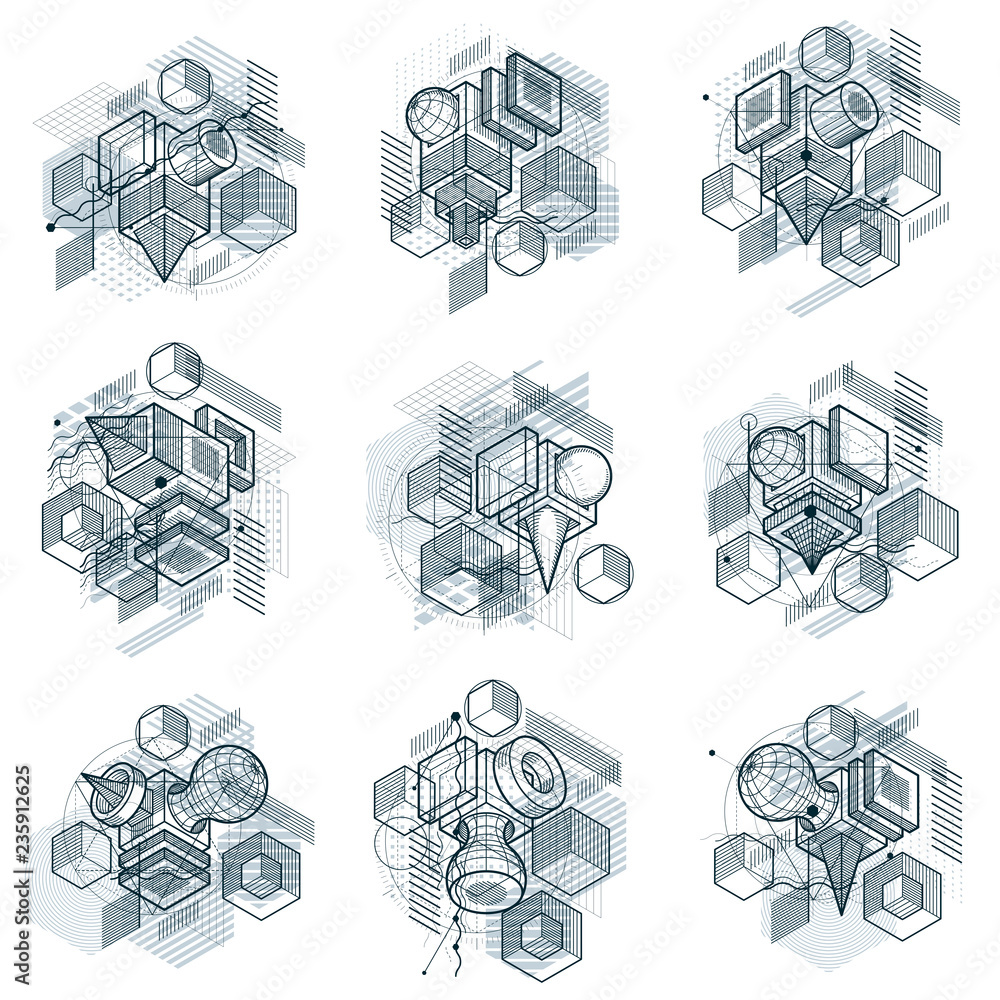 Isometric Abstract Backgrounds With Linear Dimensional Shapes Vector 3d Mesh Elements