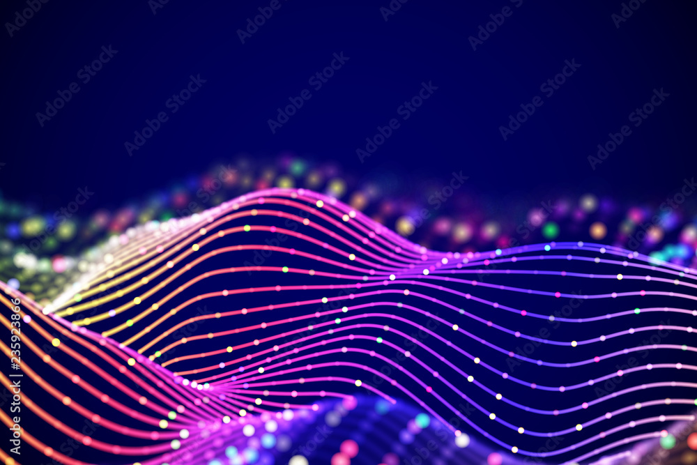 3D Sound waves with colored dots. Big data abstract visualization ...