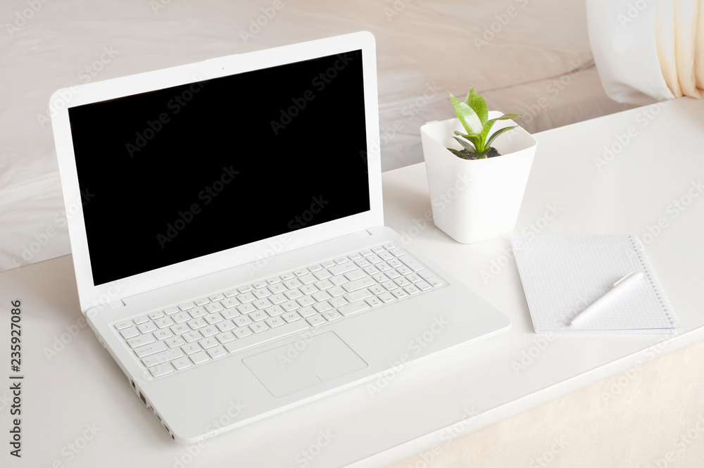 completely white modern workspace with laptop, notepad, plant and pen ...