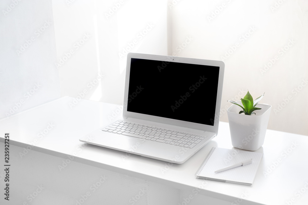completely white modern workspace with laptop, notepad, plant and pen ...