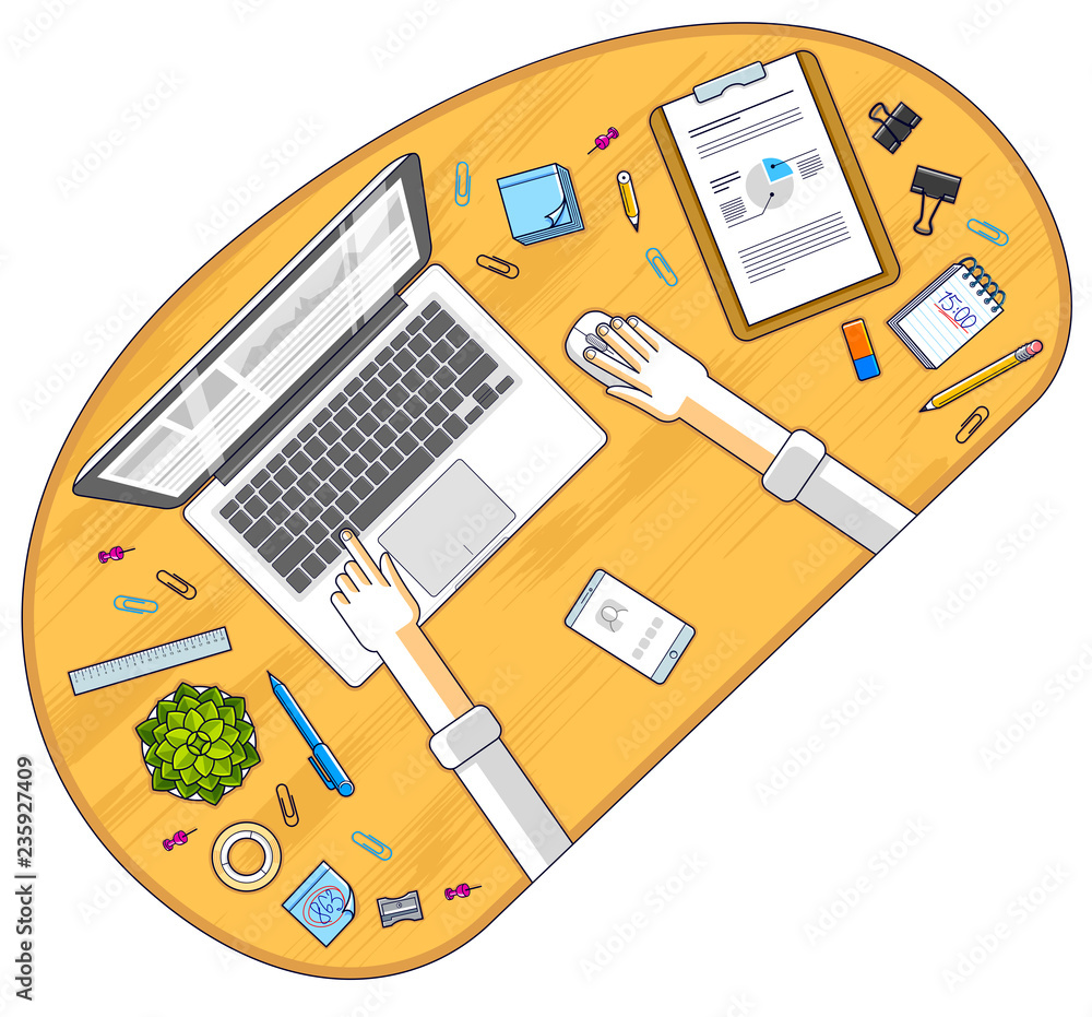 Office employee or entrepreneur work desk workplace with hands and PC ...