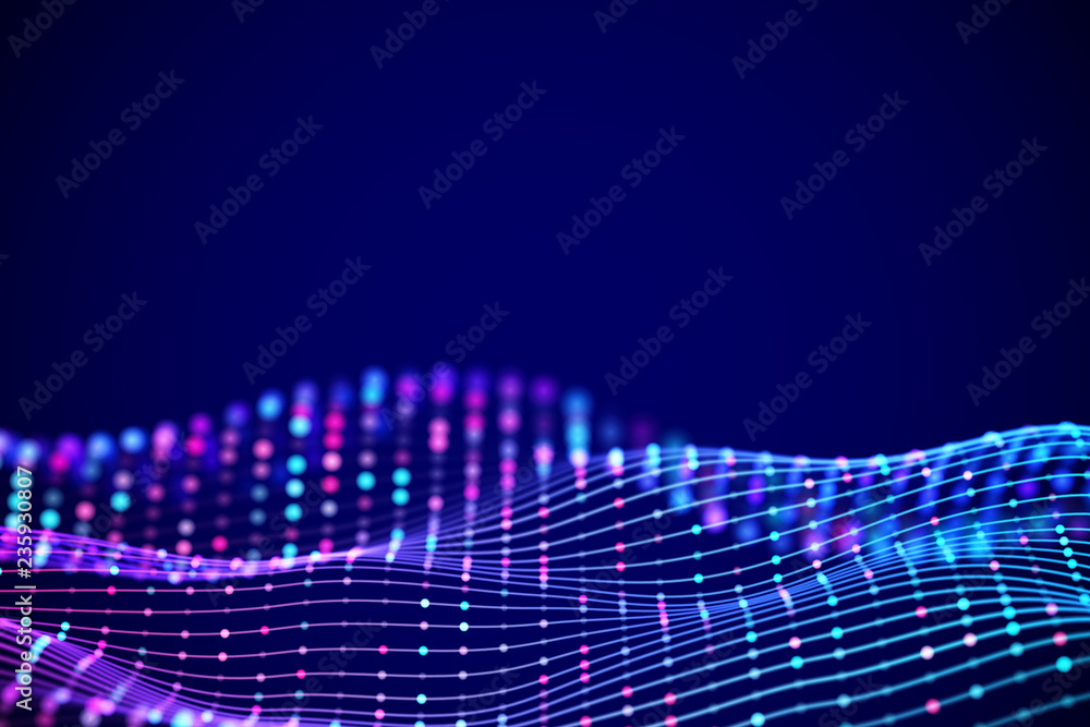 3D Sound waves with colored dots. Big data abstract visualization ...