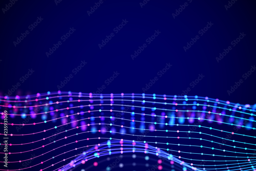 3D Sound waves with colored dots. Big data abstract visualization ...